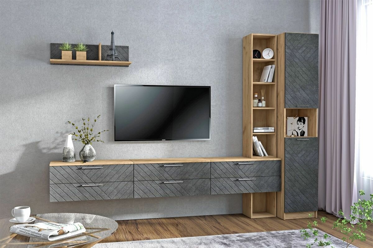 Комплект мебели для гостиной Иннэс-7 композиция 7 Бетон графит/Дуб Крафт золотой