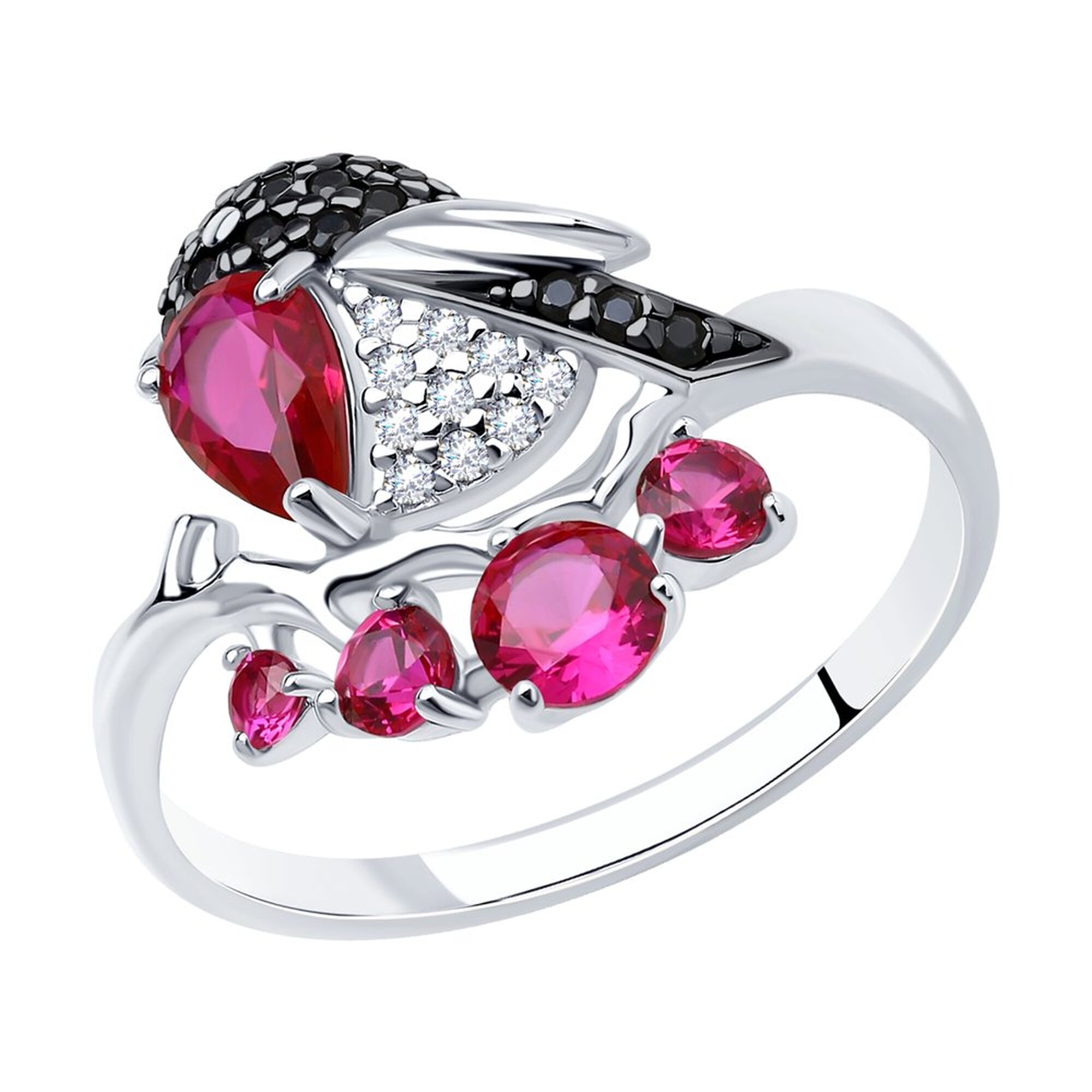 Кольцо, серебро, 925 проба, родирование, фианит, корунд