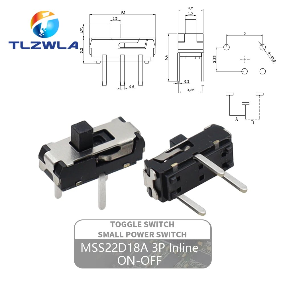 Миниатюрный выключатель тумблерный MSS22D18 3Pin, 10 шт.
