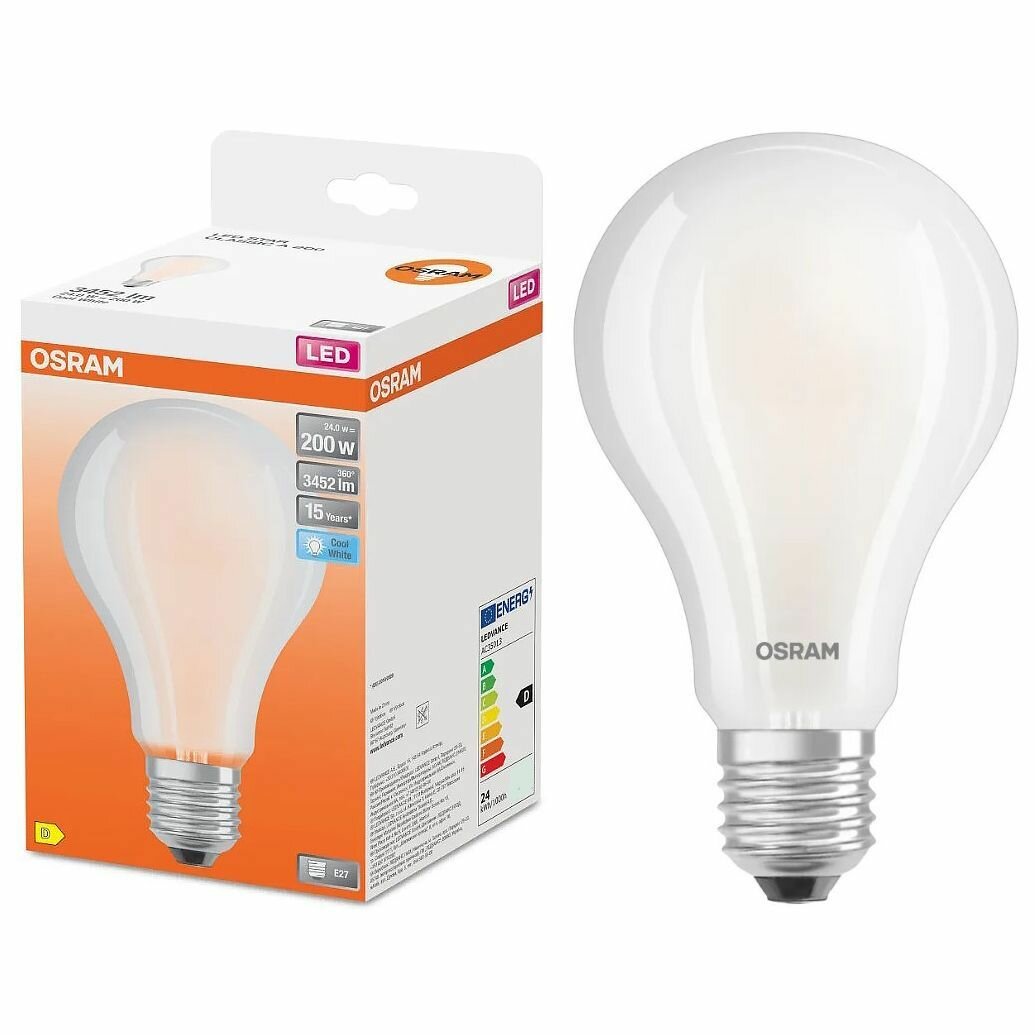 2шт/уп. Лампа LED Груша 24W 230V E27 3452Лм 4000К Угол 320 град. D-95mm L-162mm. Лампа Филамент. Свет Дневной белый OSRAM, уп. 2шт