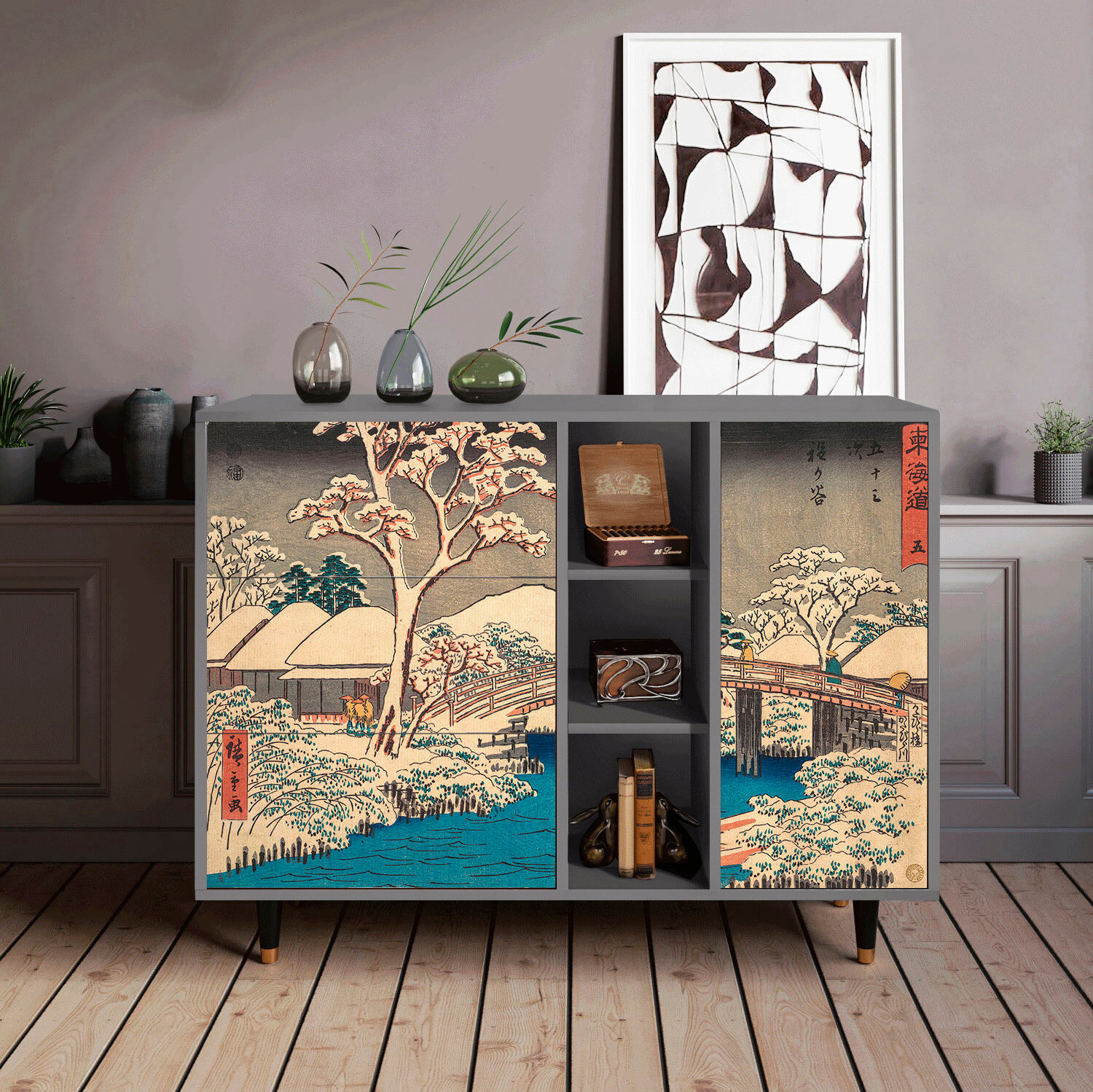 Комод - STORYZ - BS2 Katabira River by Utagawa Hiroshige, Разер - 125 x 97 x 48 см , Цвет корпуса - Серый