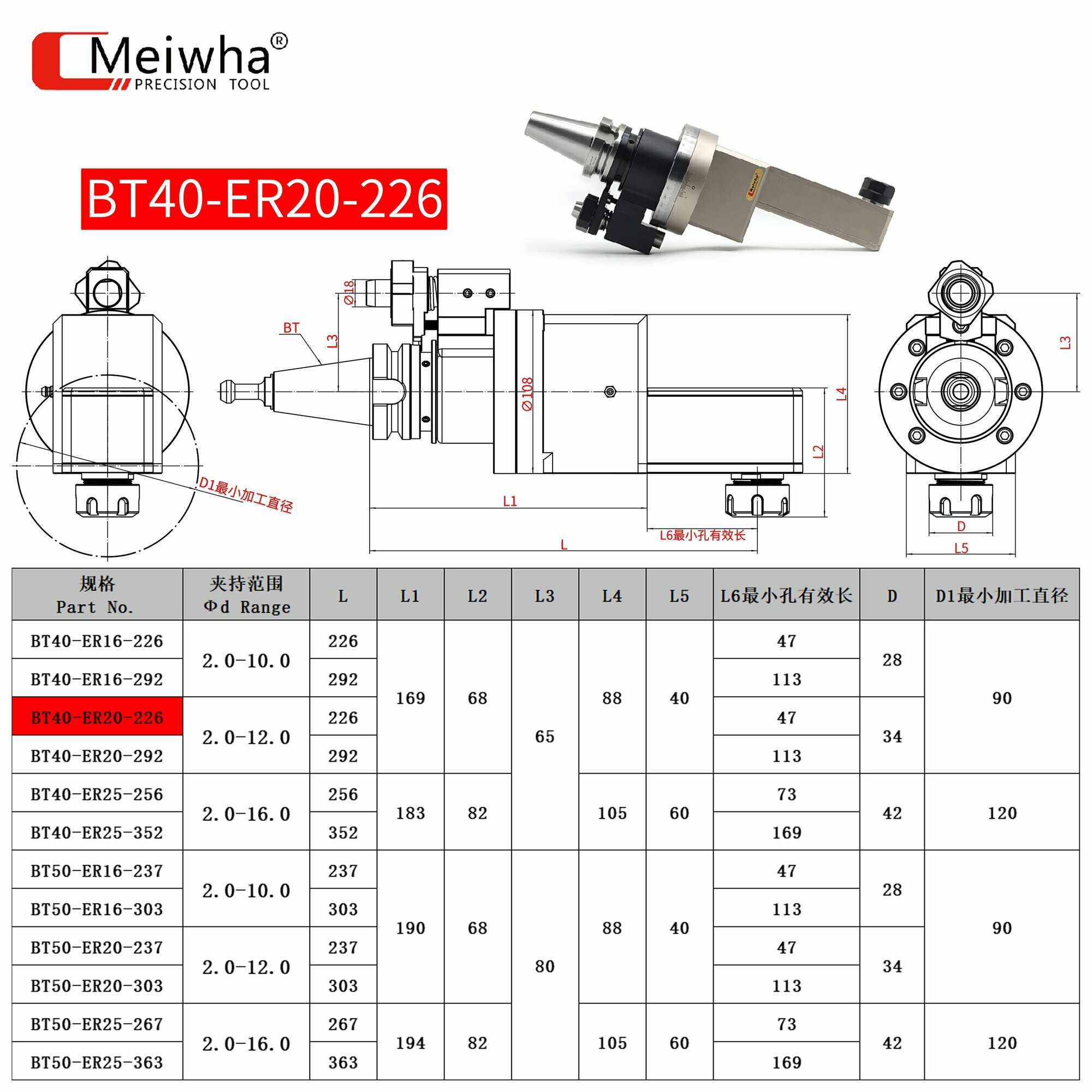 BT40-ER20-226L, Боковая фрезерная головка, под прямым углом, 90°