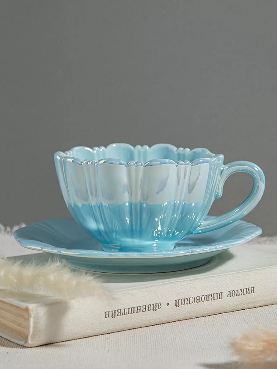 Кружка с блюдцем для чая и кофе, чайная пара жемчужнаяКружка с блюдцем для чая и кофе, чайная пара жемчужная