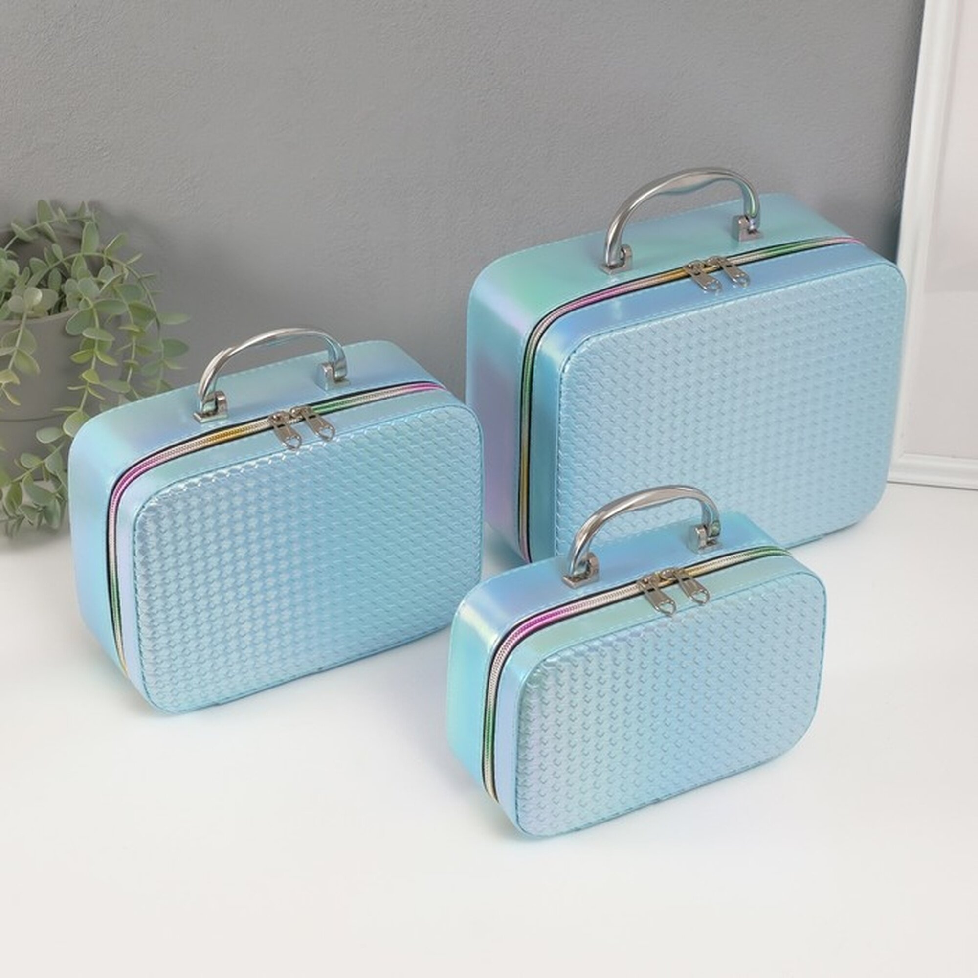 Набор шкатулок для украшений с зеркалом «Плетение», 3 шт, искусственная кожа, голубая