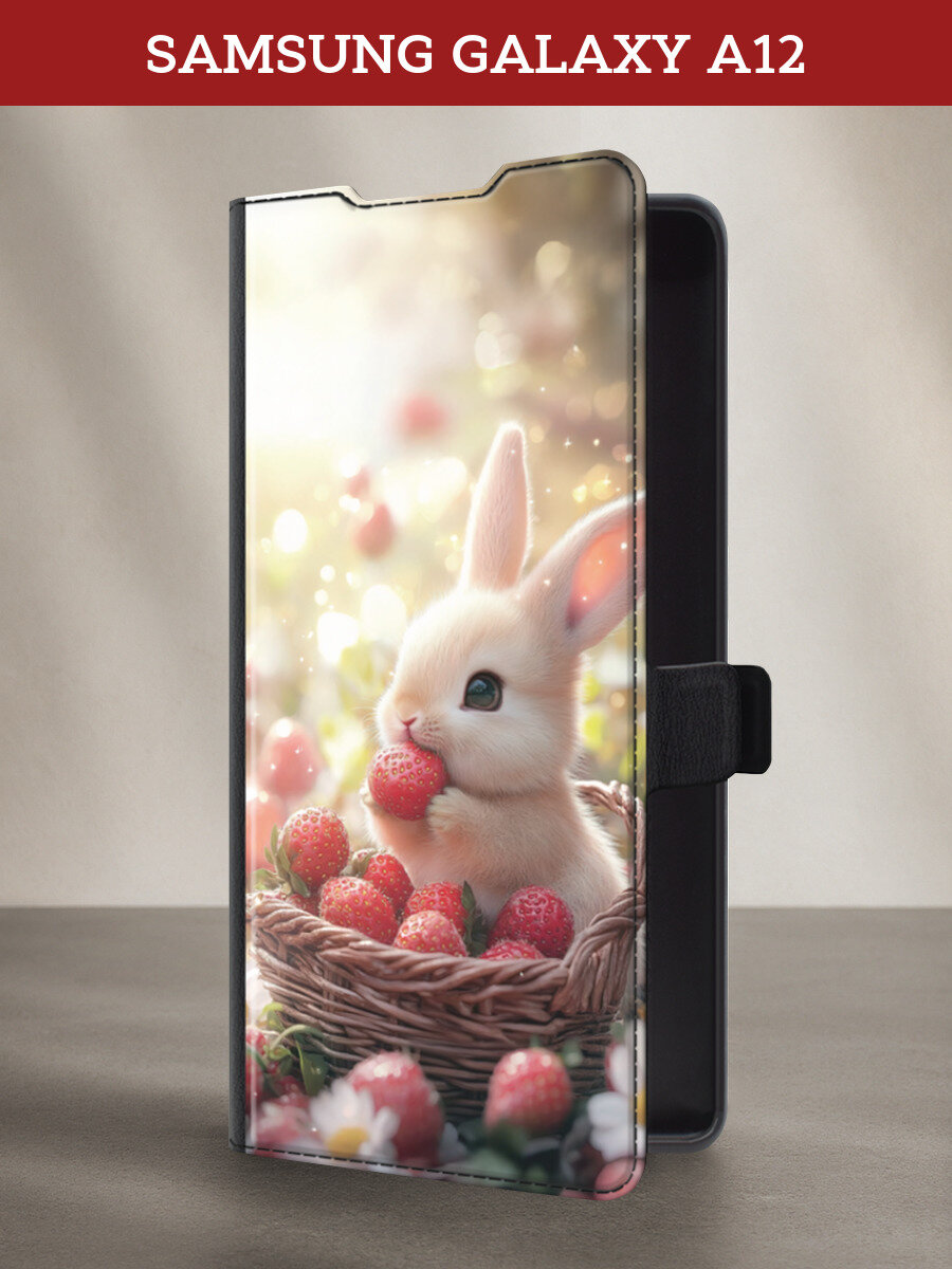 Чехол-книжка на Samsung Galaxy A12/M12 / Самсунг Галакси А12/М12 с принтом Крольчонок с клубничками, черный