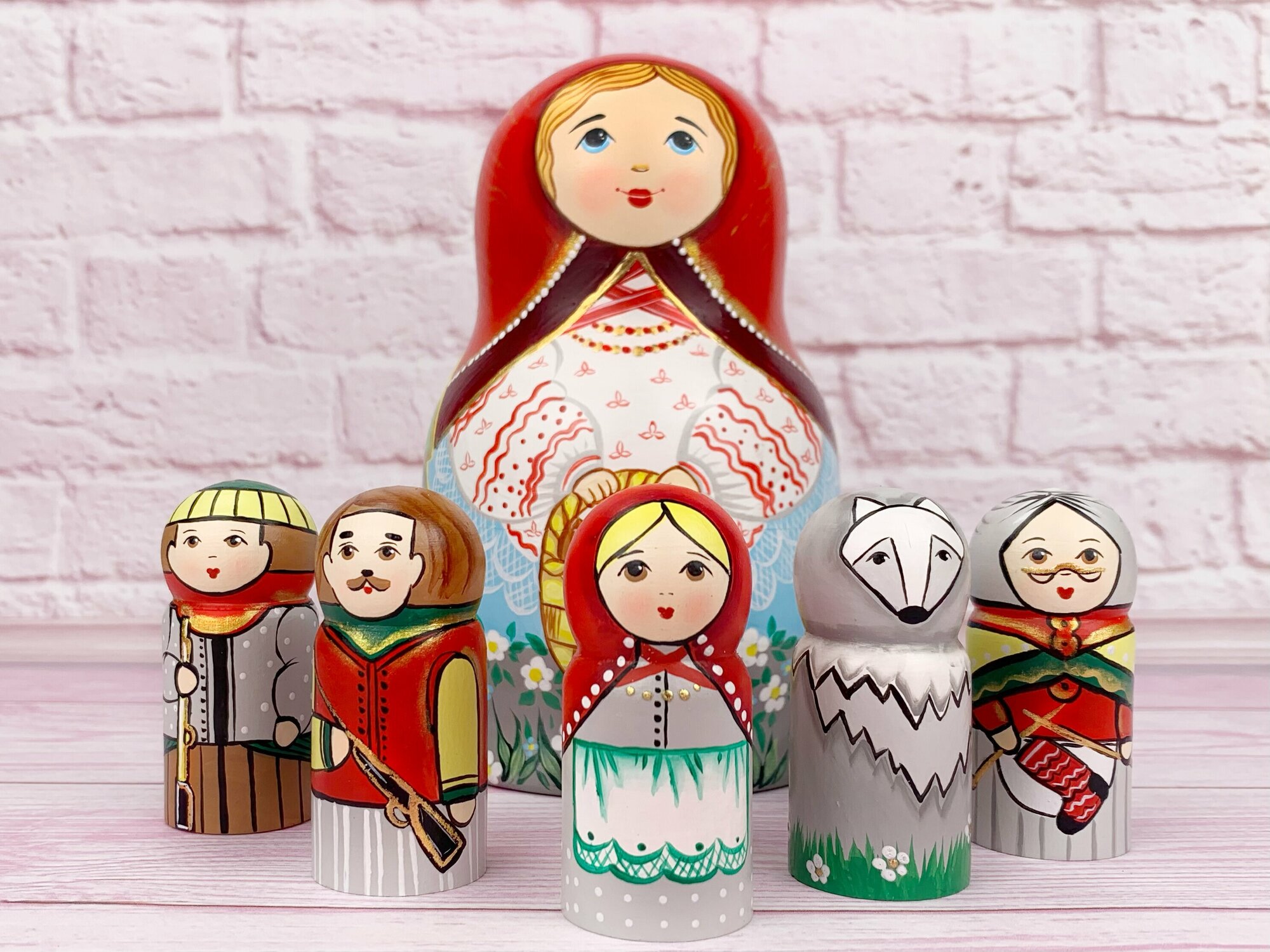 Деревянная игрушка пальчиковый кукольный театр Красная шапочка матрешка деревянная детская 6 мест Орнамент