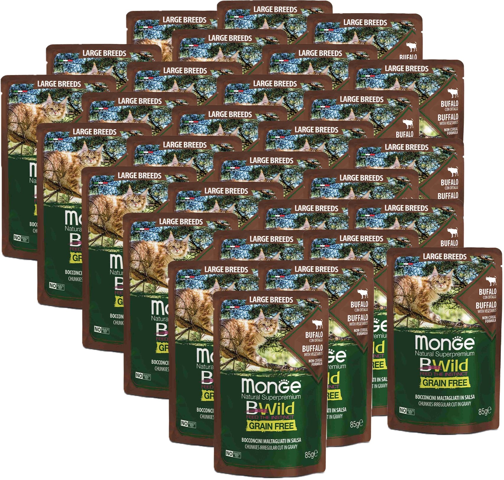 Monge Cat BWild GRAIN FREE паучи из мяса буйвола с овощами для кошек крупных пород 85г х 30 шт.