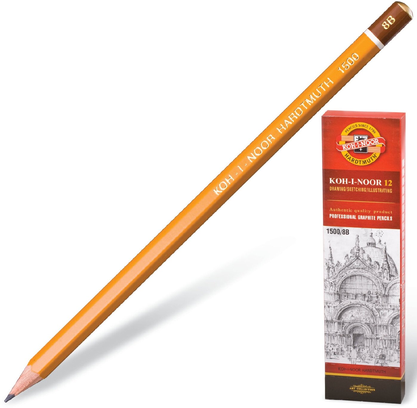 Карандаш чернографитный KOH-I-NOOR 1500, 1 шт, 8B, без резинки, корпус желтый, заточенный, 150008B01170RU