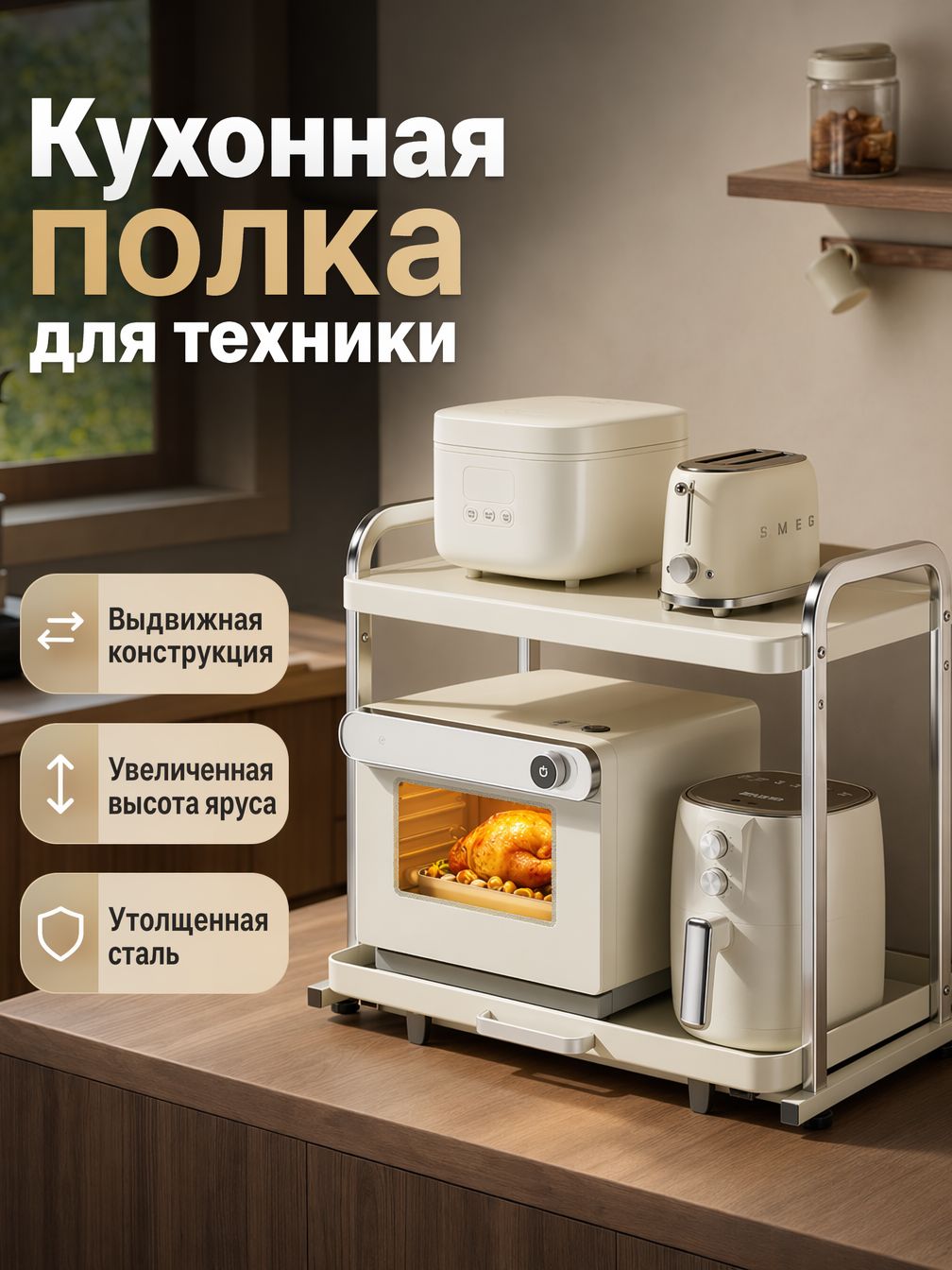 Кухонная полка для микроволновки с выдвижным подносом, нержавеющая сталь, 62 см, белый
