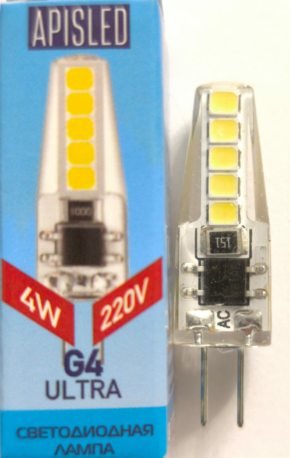 Светодиодная лампа APIS Ultra, капсула, G4, 220В, мощность 4Вт, холодный свет, 6400К
