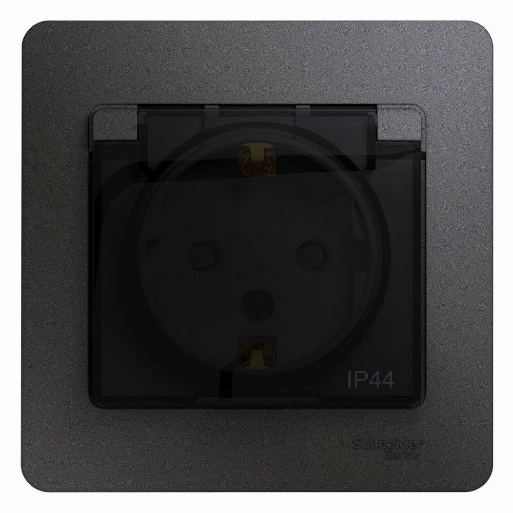 Glossa Графит Розетка с заземлением со шторками с крышкой IP44 (в сборе), Systeme Electric, GSL001348