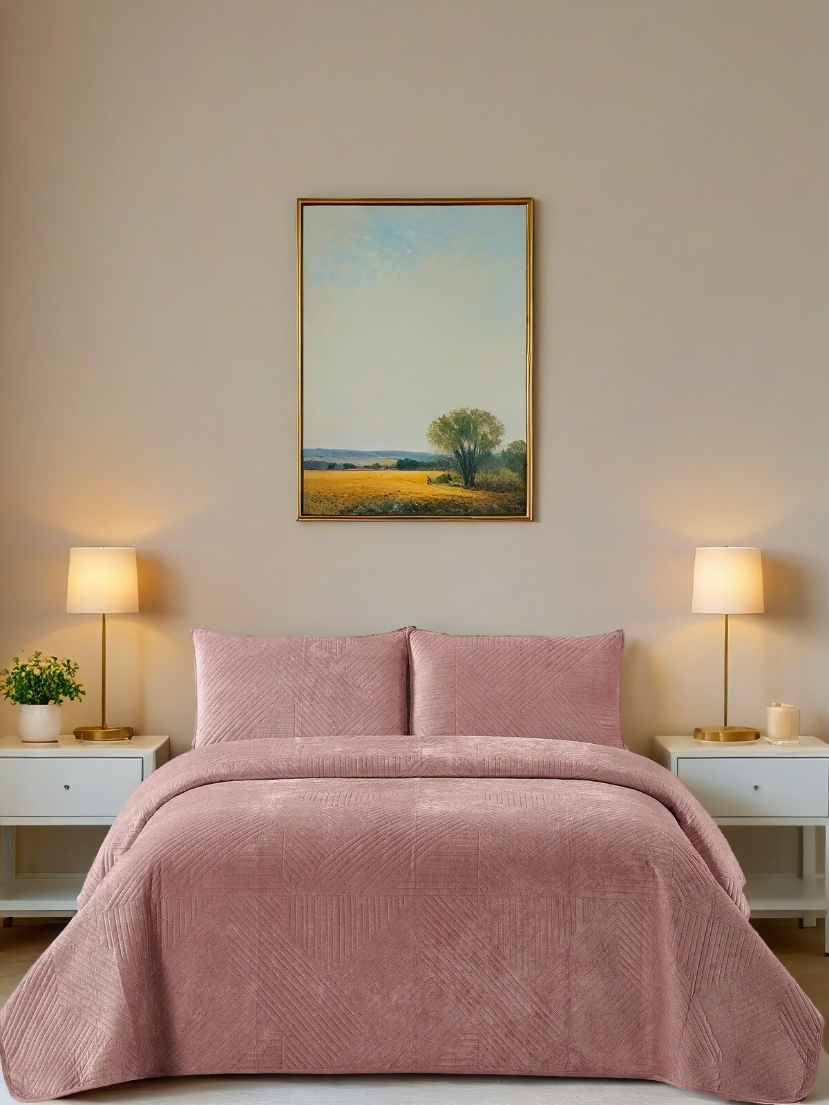 Велюровое покрывало Cleo VELLUTO евро макси 230х250, покрывало на кровать и диван с двумя наволочками, персиковое