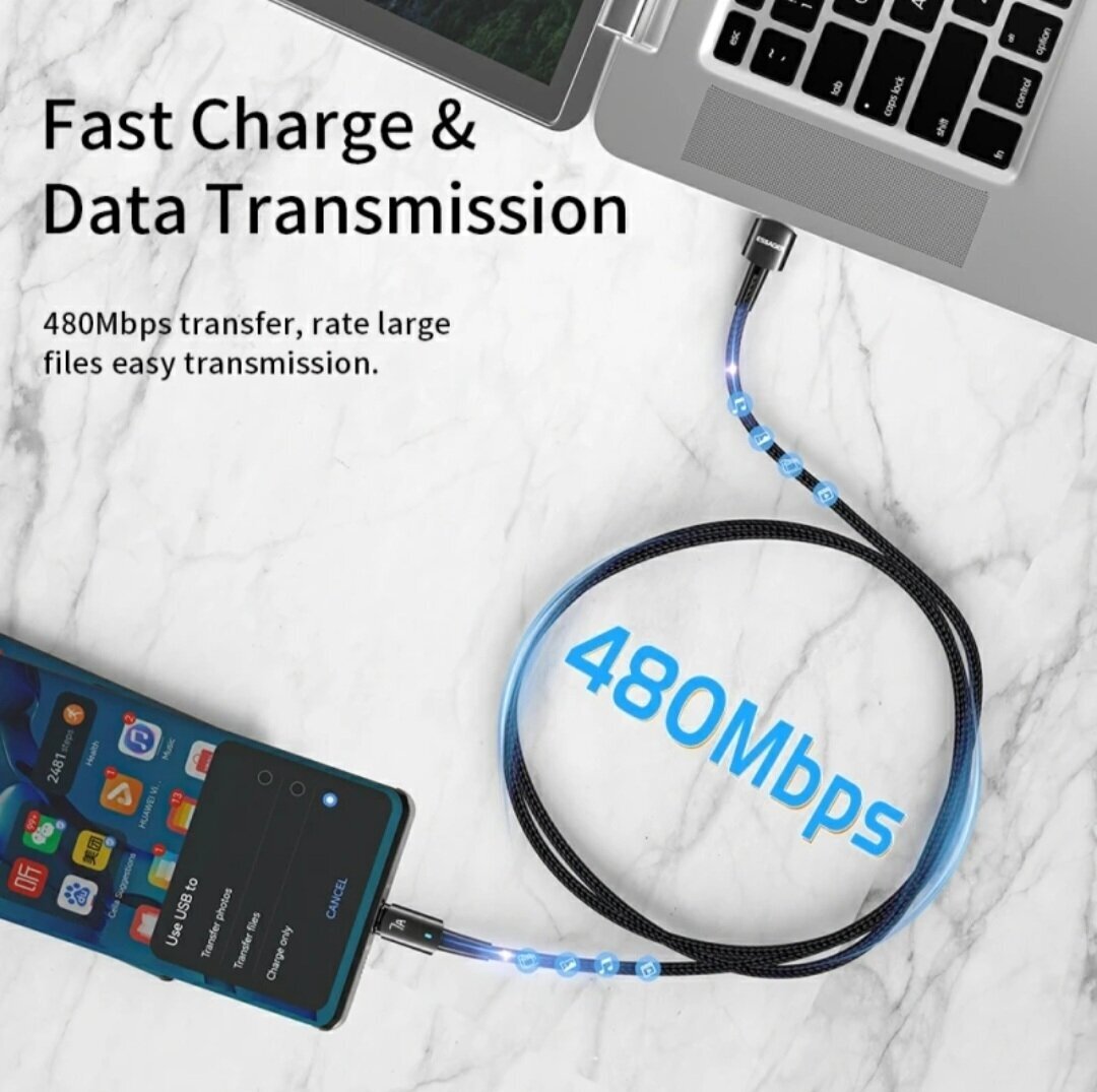 Кабель Essager USB - Type-C, PD 100W, 7 Aмпер, 2 метра, индикатор, быстрая зарядка для Huawei, Xiaomi, Samsung, Oppo