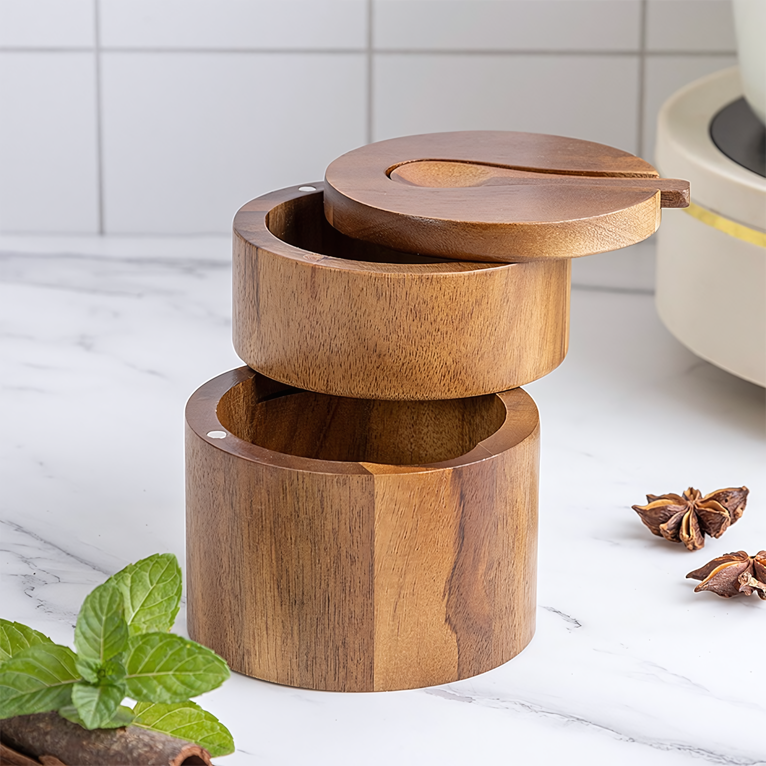 Банка для соли с ложкой "Акация", два яруса, дерево, 9 х 10,5 см