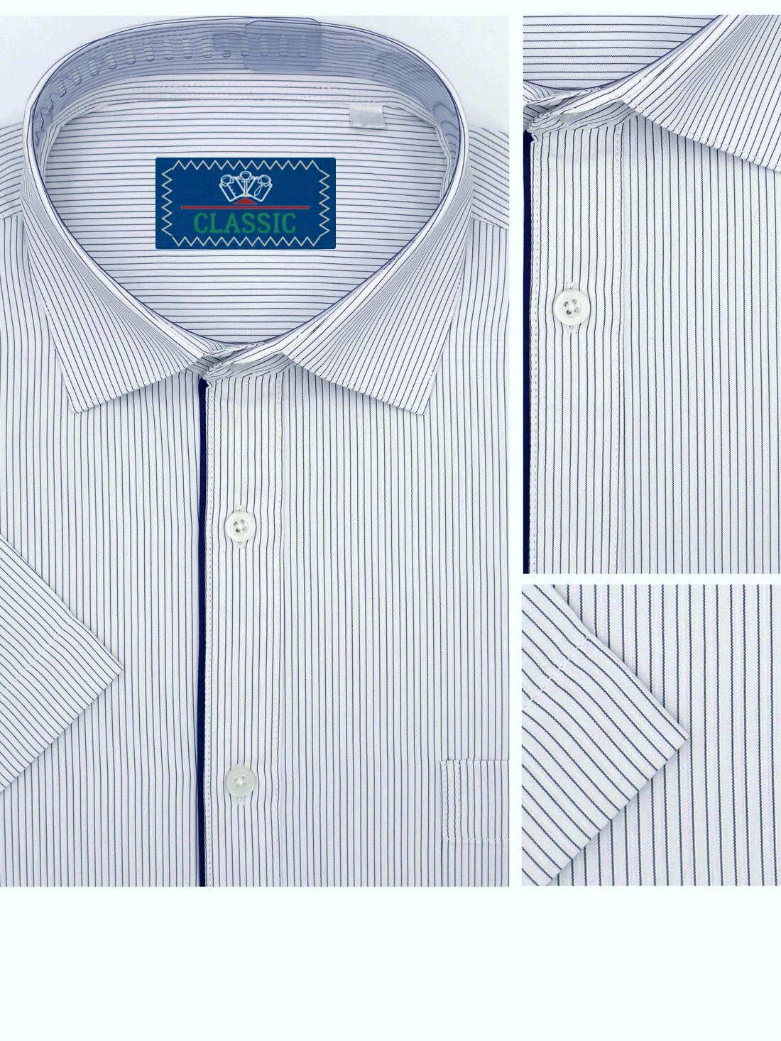 Рубашка Рубашка мужская с коротким рукавом, прямая классическая, светлая сорочка, на пуговицах, рубаха на любой сезон, стильный фасон одежды, белая, в полоску, с карманом, с отделкой