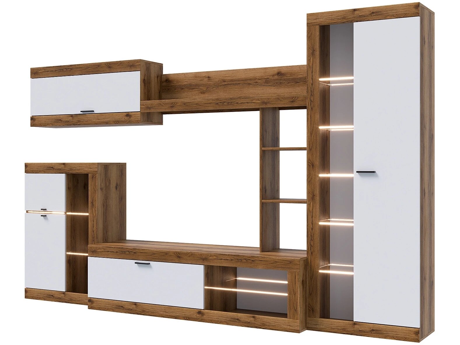 Модульная Гостиная, вариант №4, с подсветкой, Дуб Делано/Белый глянец