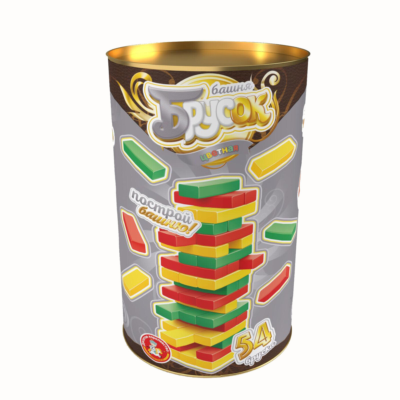 Логическая настольная игра "Башня Брусок", деревянный игровой набор из 54 разноцветных брусков, в железном тубусе