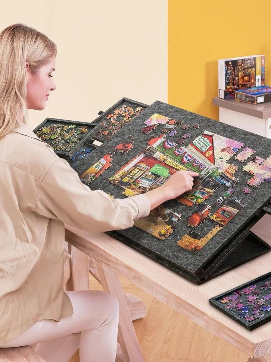 Коврик-стол для пазлов 1000 деталей с 6 сортировочными ящиками, складная пазл-доска с защитным чехлом, лёгкий портативный органайзер для головоломок