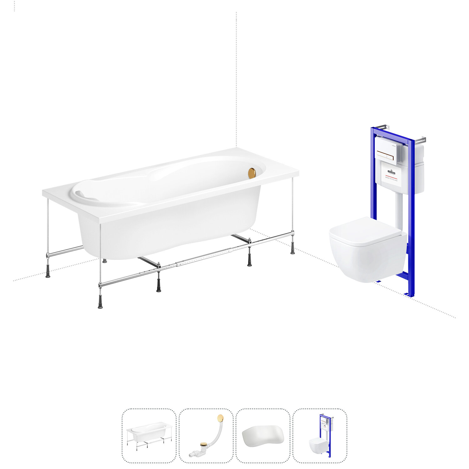 Акриловая ванна 170x75 с каркасом Lavinia Boho Easter Pro 20221152R в наборе 5 в 1: ванна, ножки, слив-перелив, подголовник, унитаз в комплекте