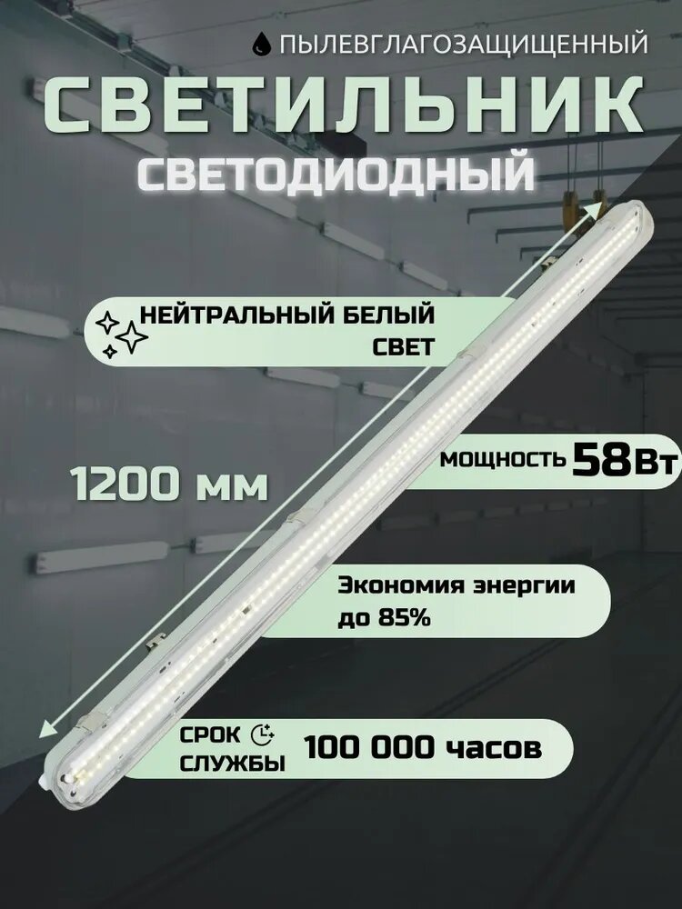 Линейный светодиодный светильник Айсберг 58 Вт, 7250 Lm, 5000К, IP65, накладной, потолочный/настенный
