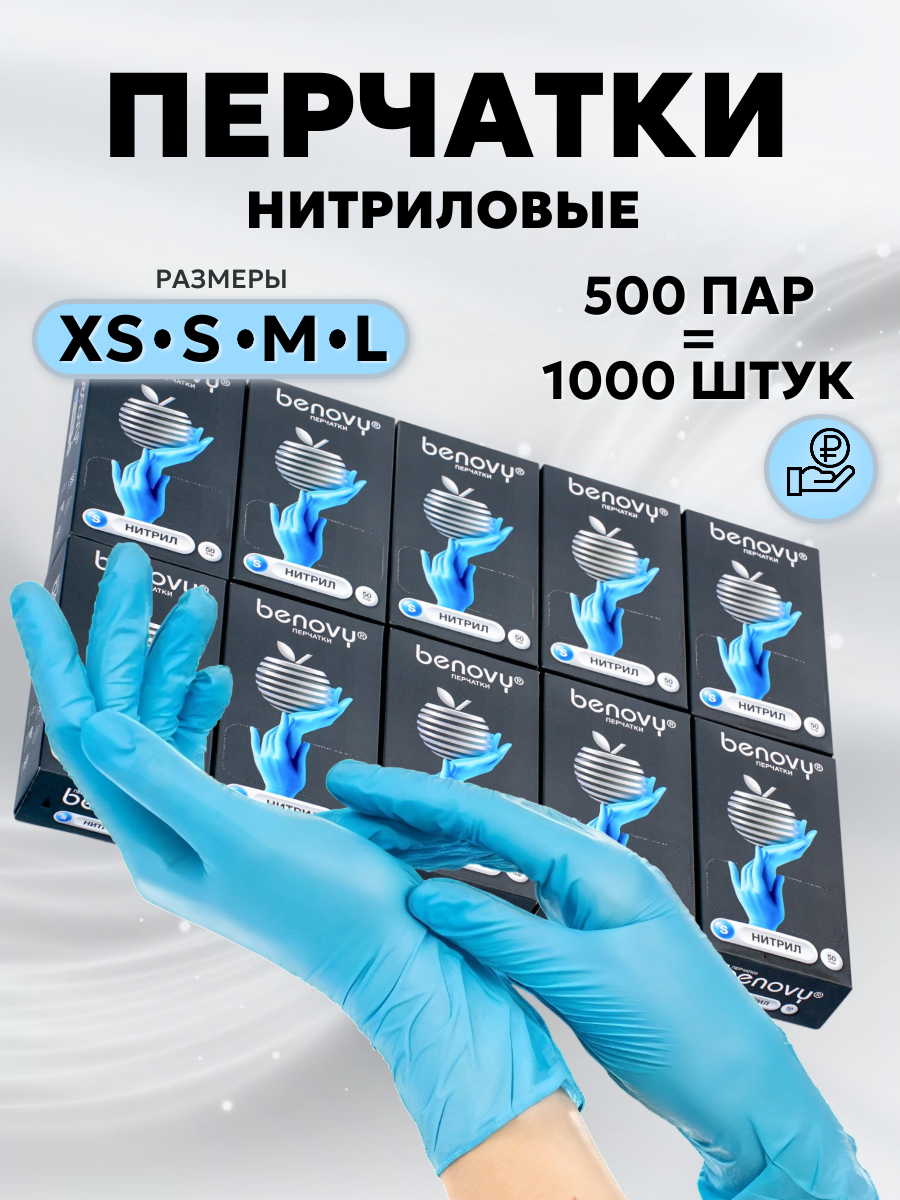 Перчатки Benovy нитриловые, диагностические, текстурированные на пальцах, голубые, размер S, 500 пар 1000 штук в коробе
