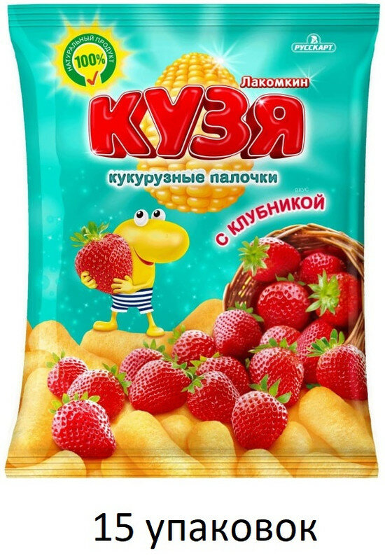 Русскарт Кукурузные палочки Кузя Лакомкин с клубникой, 100 гр, 15 упаковок в коробке