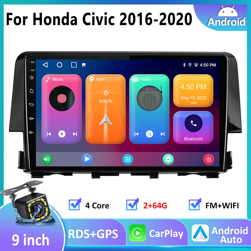 Магнитола для Honda Civic 2016-2020, Автомагнитола для Хонда, Android 2+64GB 2din Мультимедиа Bluetooth FM WIFI Автомобильный