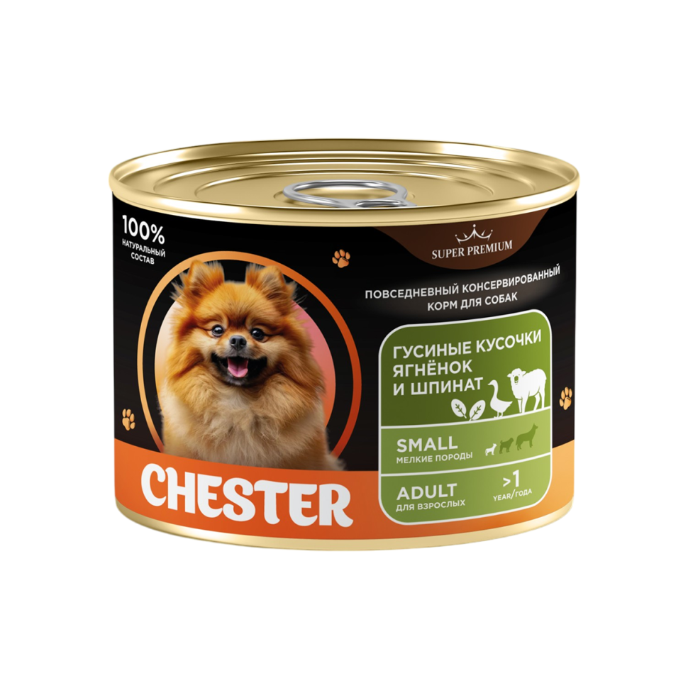 Влажный корм для собак Chester Premium для мелких пород, гусиные кусочки, ягненок и шпинат, в консервах - 240 г х 12 шт