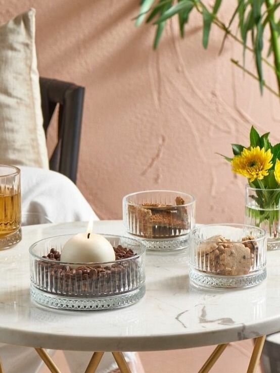 Набор салатников, сервировочных, прозрачных Pasabahce "Элизия" 4 шт, 9 см, 230 мл. Закаленное стекло с рисунком для подачи десерта, салата, закусок . ELYSIA