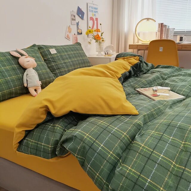 Комплект пододеяльников в японском стиле в клетку размера «queen-size» с простынями, комплект постельного белья, приятный для кожи, комплект постельного белья King Single Double