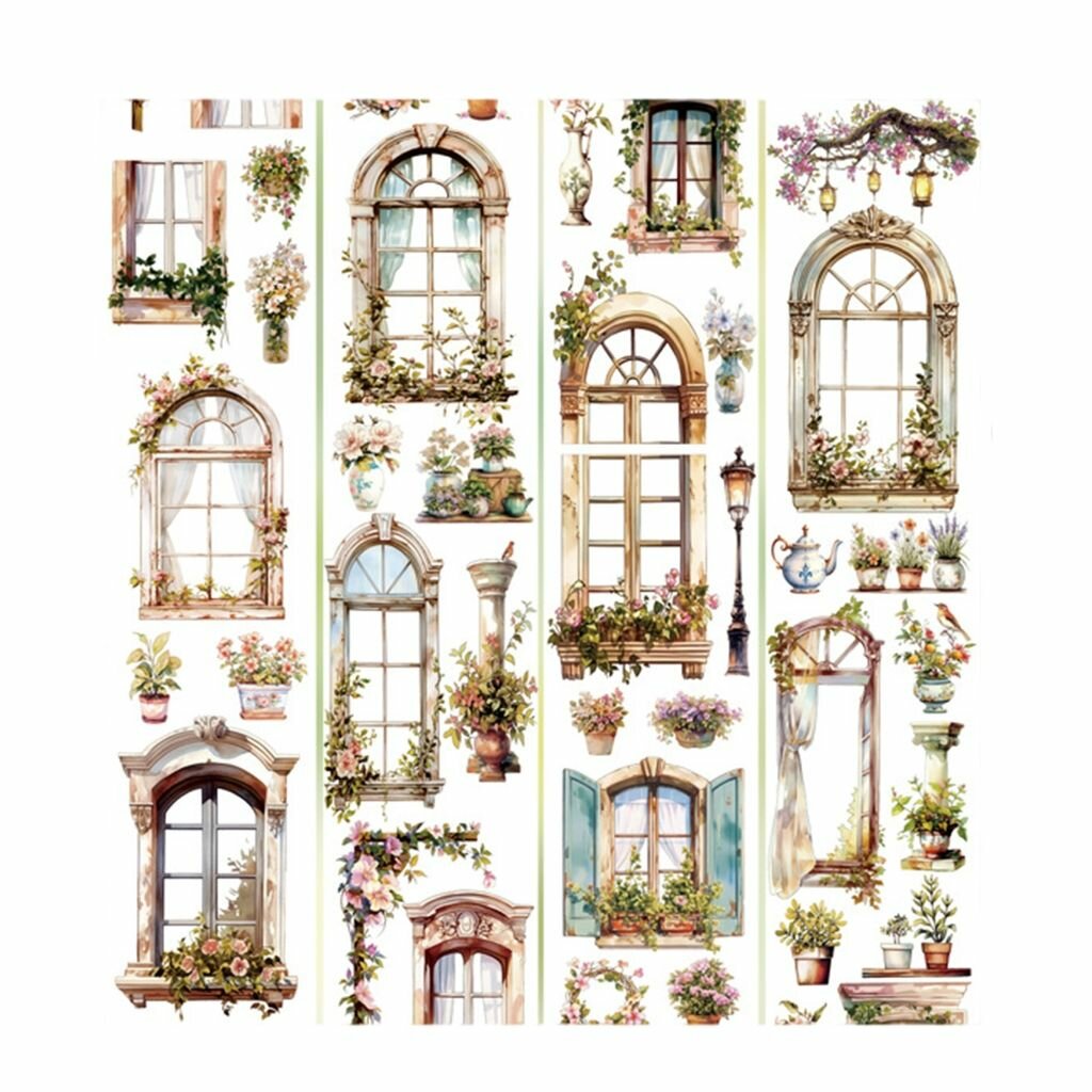 Декоративная лента с цветами 60ммX2Метра, водостойкая эстетичная PET для скрапбукинга, фотоальбома, журнала, блокнота, - окно