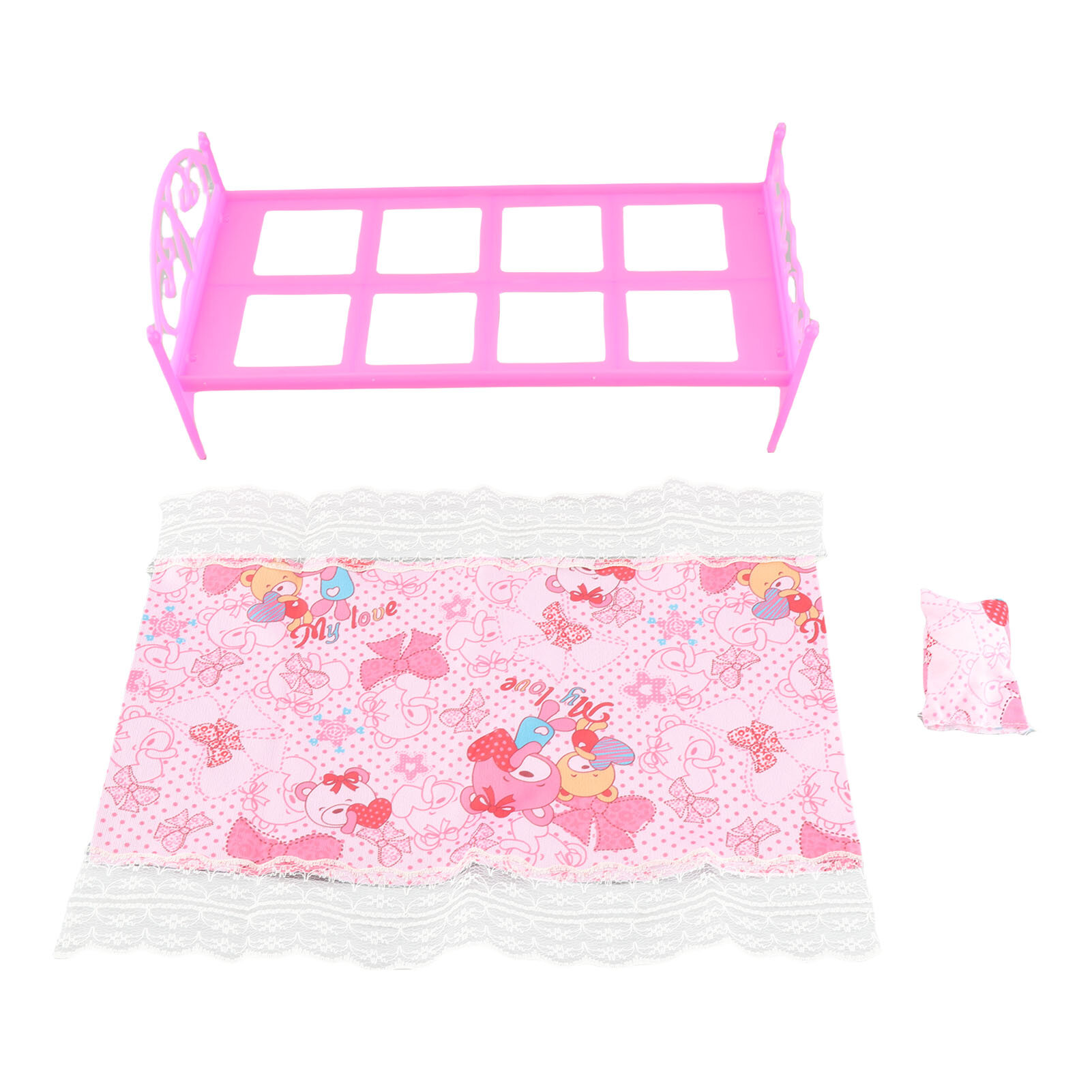 Пластиковая миниатюрная кроватка с подушкой и простыней для кукольного домика.