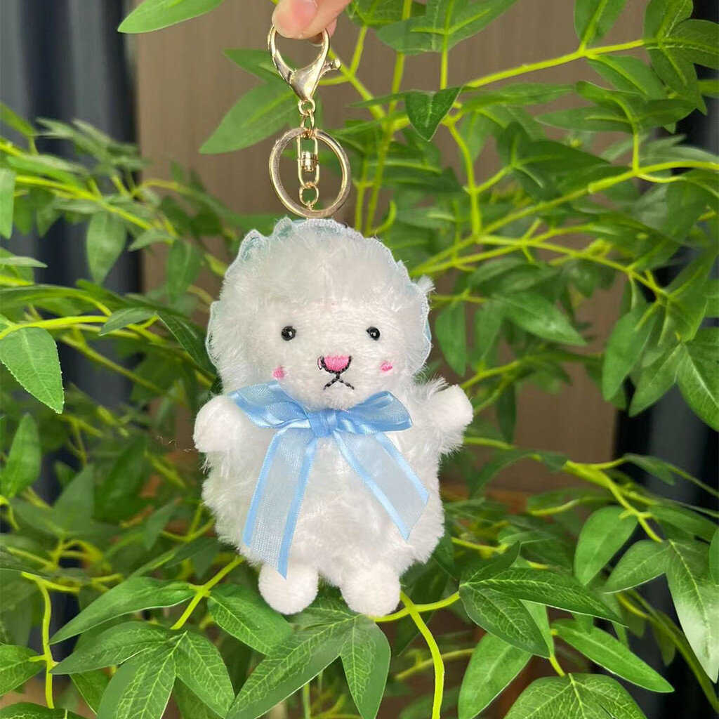 Милый плюшевый брелок-овечка с мягким коротким мехом в сине-розово-фиолетовых тонах