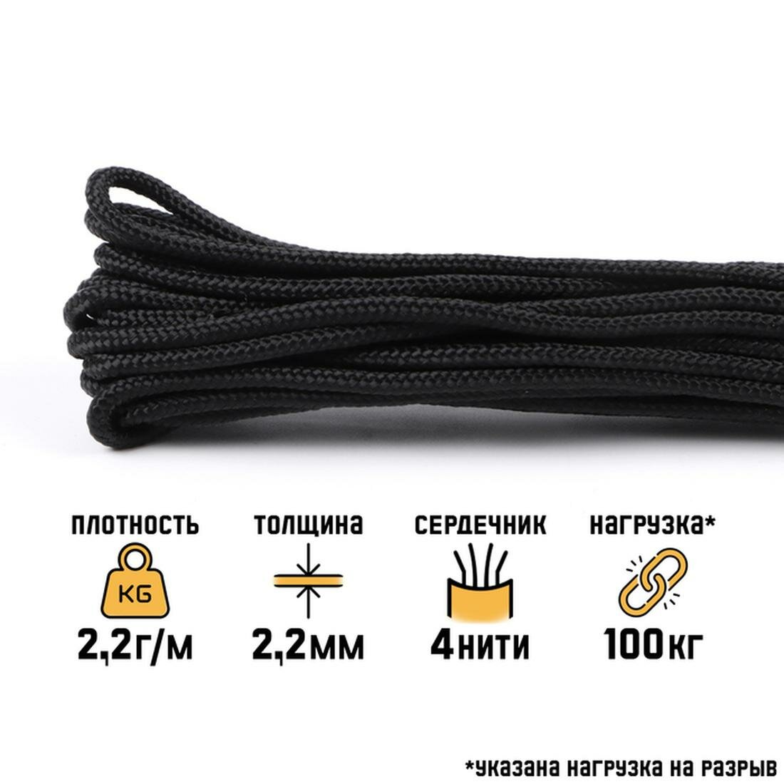 Паракорд 275, нейлоновый, d=2.2 мм, 2.2 г/м, 10 м, сердечник 4 нити, чёрный