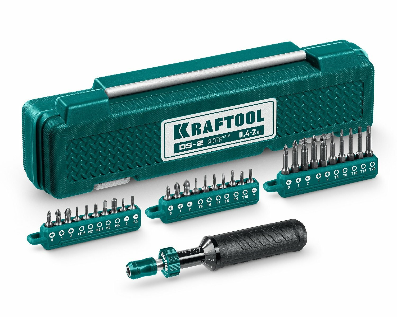 Динамометрическая отвертка KRAFTOOL 0.4-2 Нм с набором 31 предмета биты адаптер и кейс