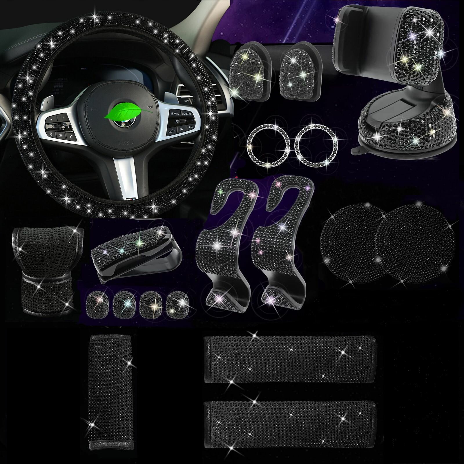 Оплетка на руль 38 см, чехол на руль автомобиля, Универсальный автомобильный набор со стразами,19 шт.