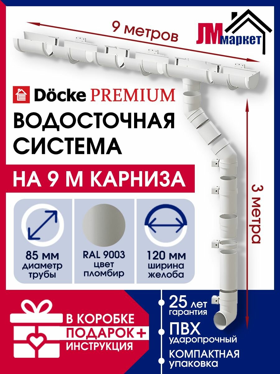 Водосток для крыши дома Docke Premium, 9м/3м, RAL 9003, цвет пломбир