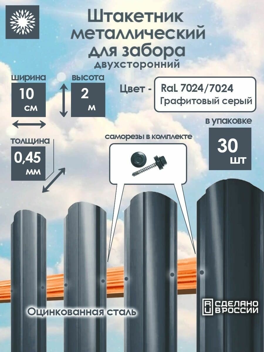 Металлический штакетник двухсторонний 2 м цвет: RAL 7024 Графитовый серый, упаковка 30 штук