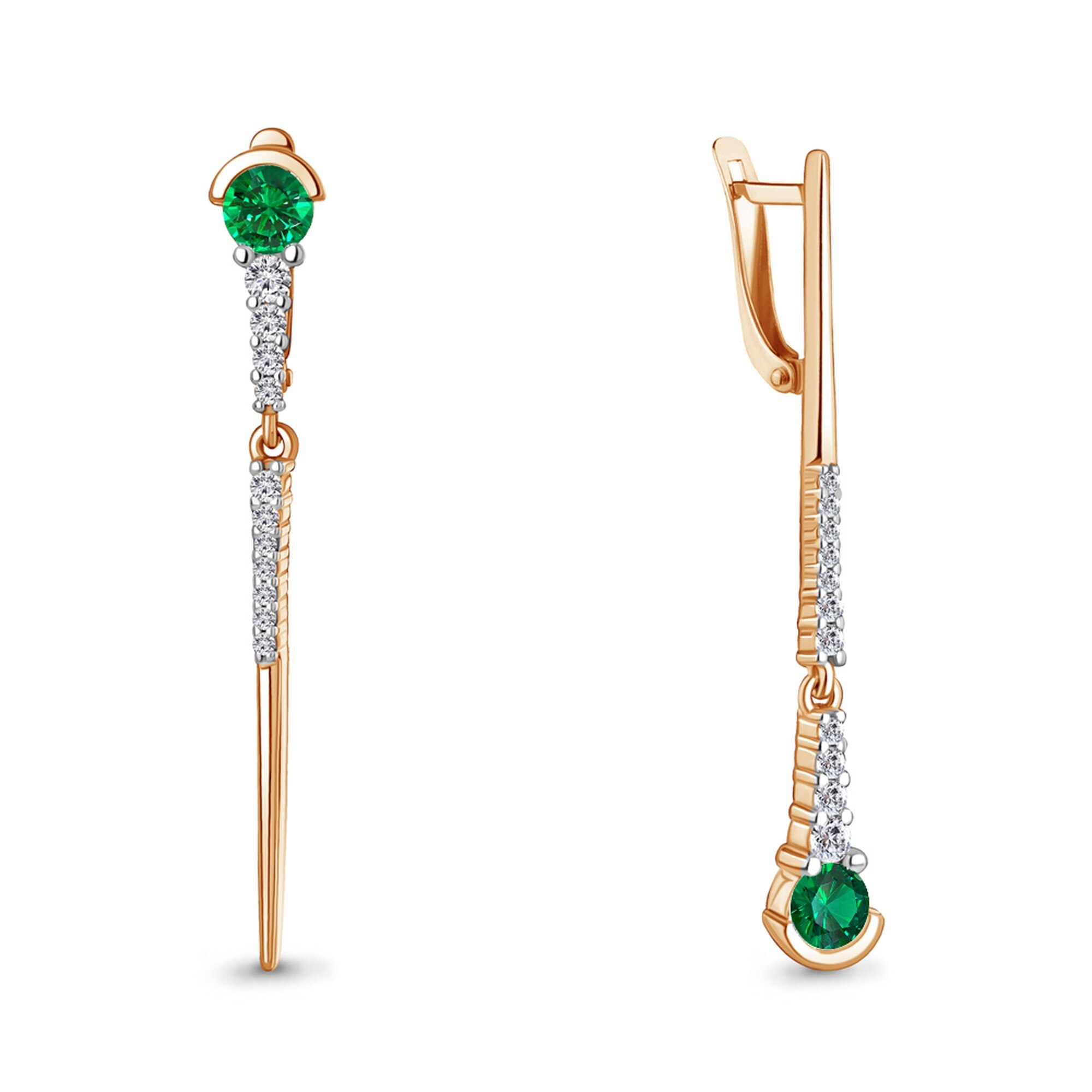 Серьги с подвесками, серебро, 925 проба, золочение, фианит, изумруд синтетический