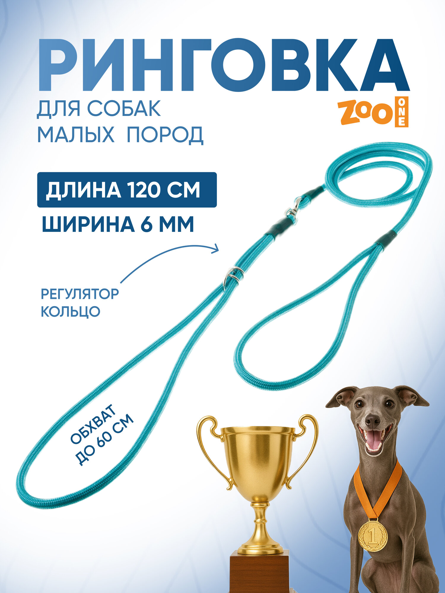 Ринговка для собак круглая с кольцом, обхват до 60 см, нейлон ширина 6 мм, длина 120 см, бирюзовая, ZooOne, PEW6 TU