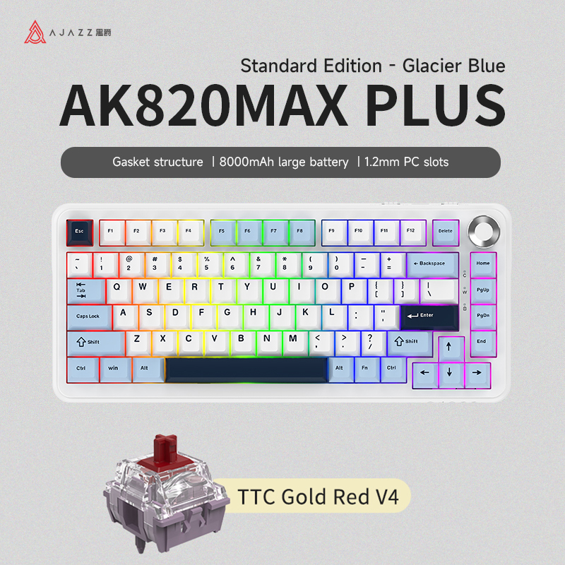 Беспроводная клавиатура AJAZZ AK820 MAX PLUS, переключатель TTC Gold Red V4, трехрежимное подключение (синий и белый)