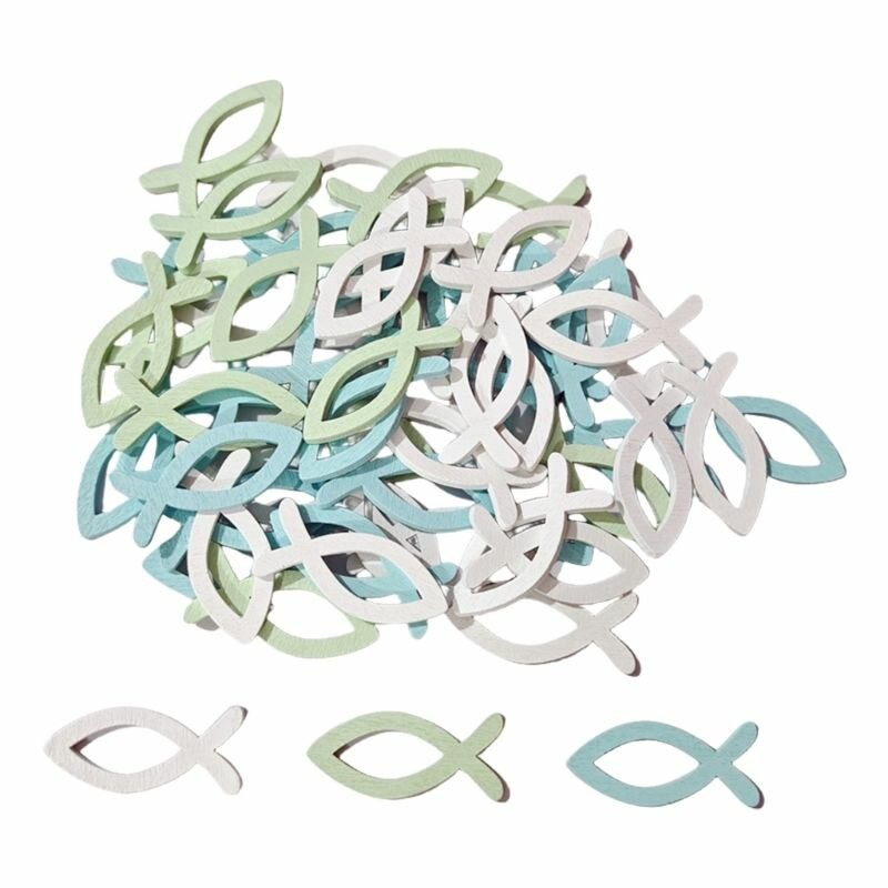 90 штук деревянных рыбок для декора стола на крещение и детские праздники, Белое плюс зеленое приложение