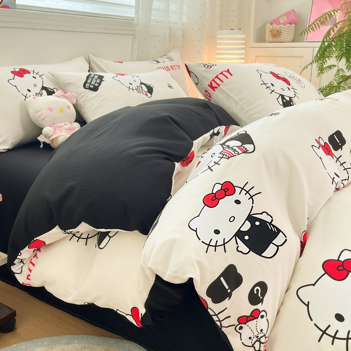 Комплект постельного белья из микрофибры, Hello Kitty, 180x220cm, Черный/белый