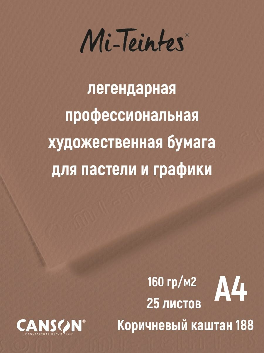 CANSON Mi-Teintes бумага для пастели 160 г/м2, 25 листов A4 21 х 29.7 см, №188 Коричневый каштан C31032S048