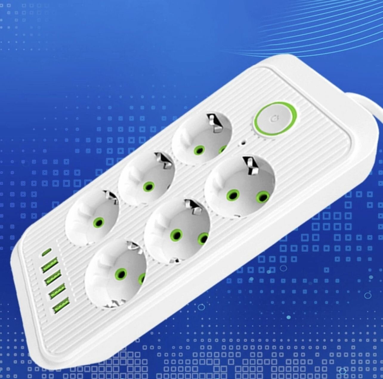 Удлинитель сетевой фильтр с выключателем 6 розеток,4 USB входа,1 Type-C, 2 м
