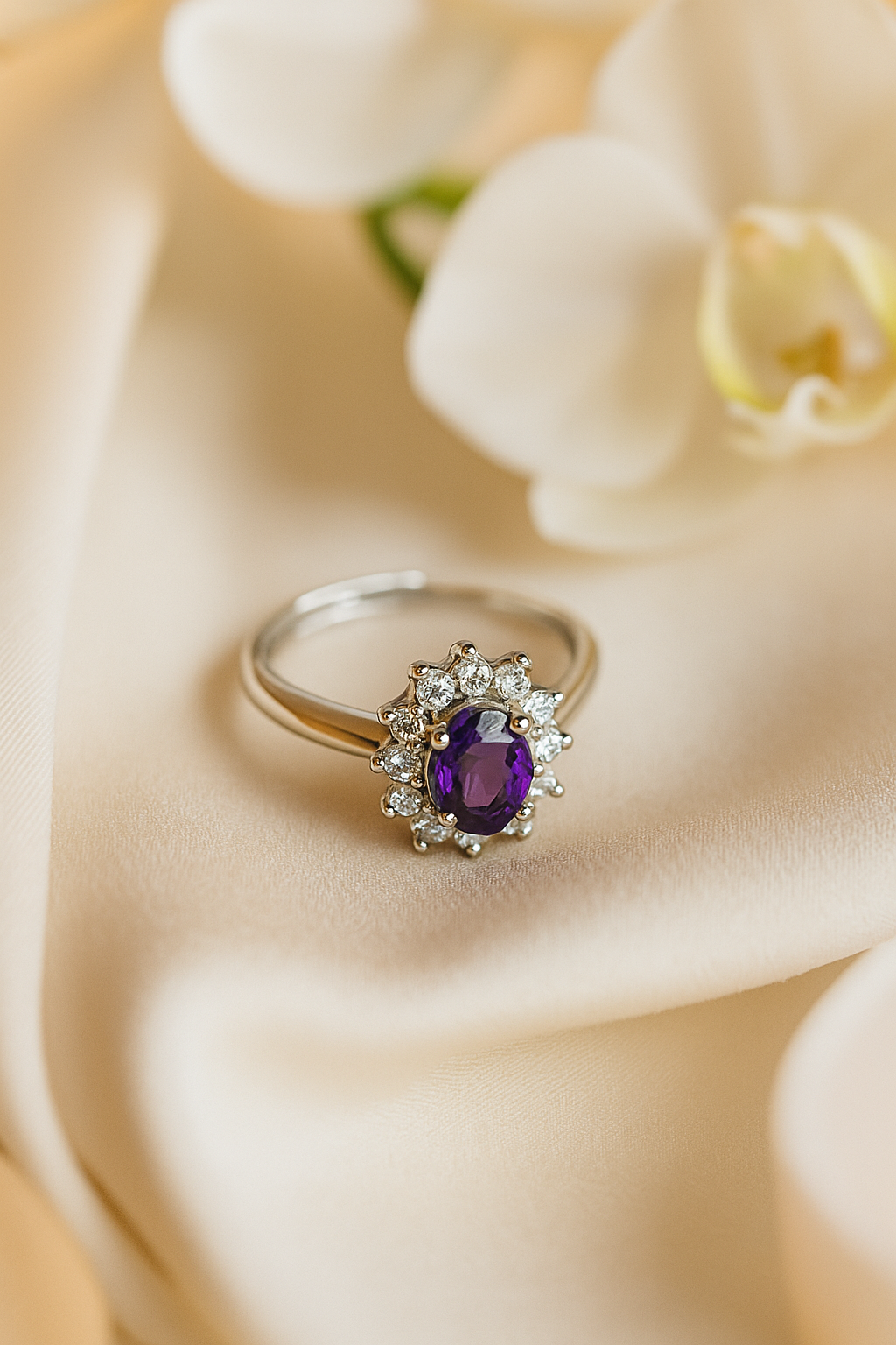 Кольцо, аметист, фианит