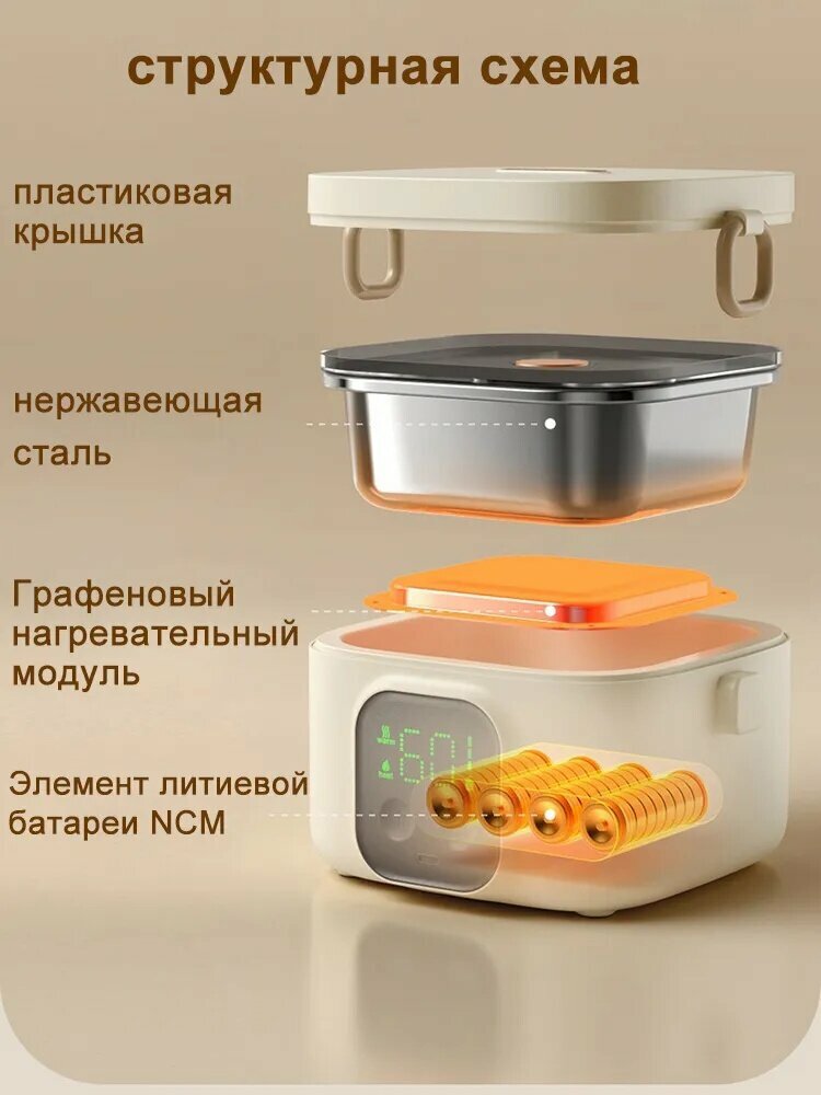 Беспроводной перезаряжаемый ланч-бокс с подогревом, 800 мл