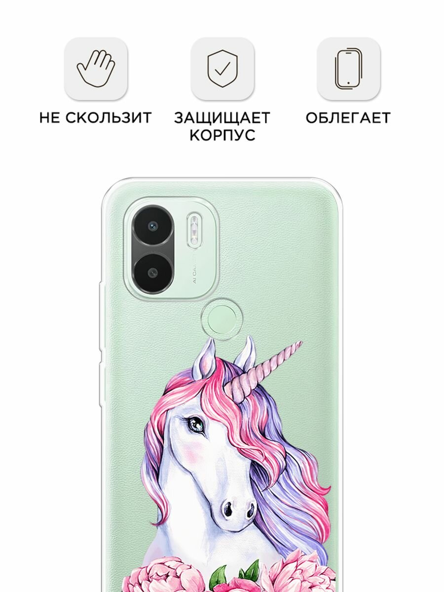 Чехол на Xiaomi Redmi A1+/Redmi A2+/Poco C51/C50 / Редми A1+ с принтом "Единорог с пионами", прозрачный — фото 1