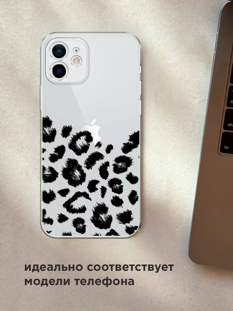 Чехол на Apple iPhone 12 mini / Айфон 12 Мини с принтом "Окрас леопарда фон черный", прозрачный — фото 1