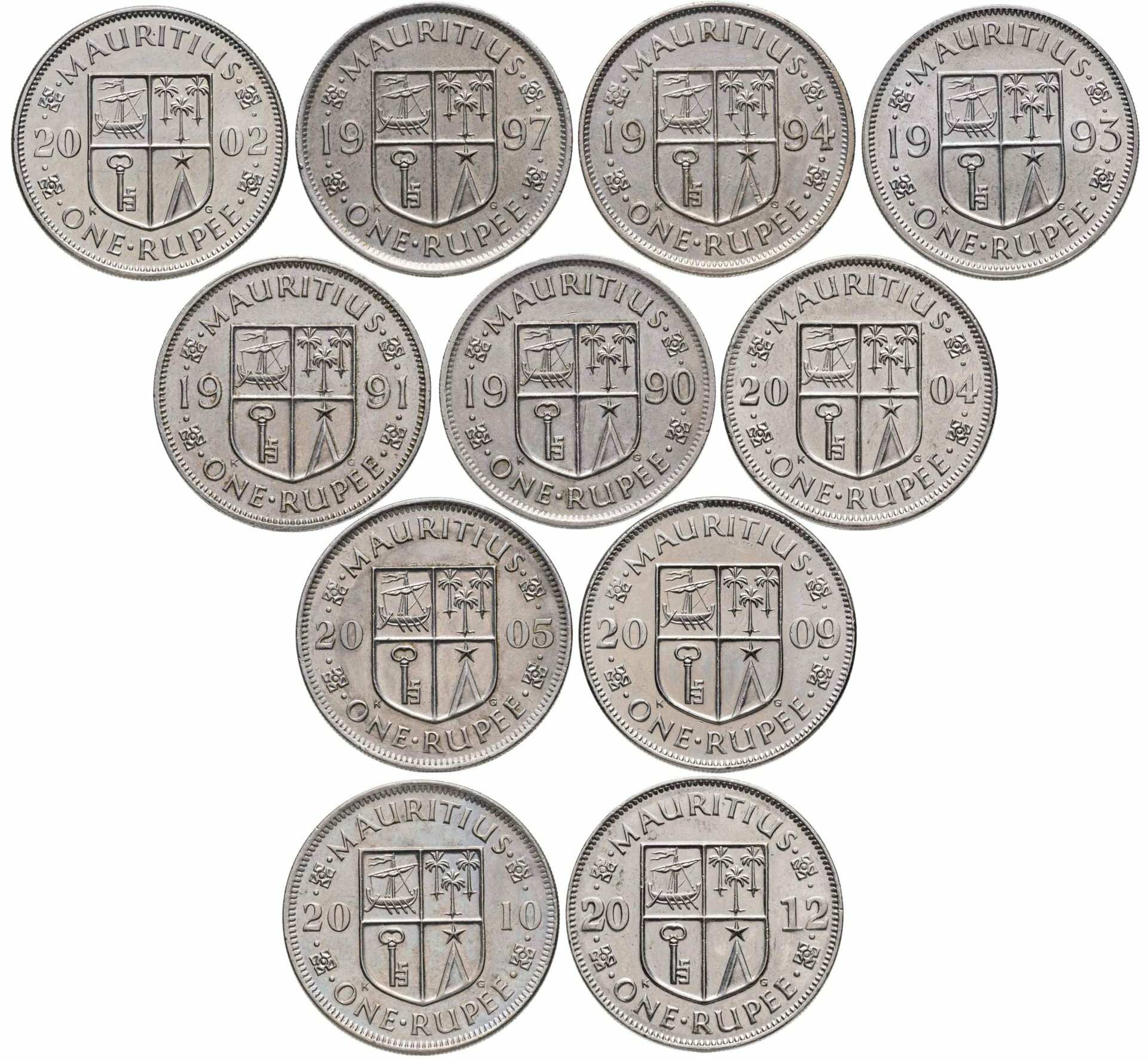 Маврикий набор монет 1990-2012 11 штук, в сохранности VF-XF